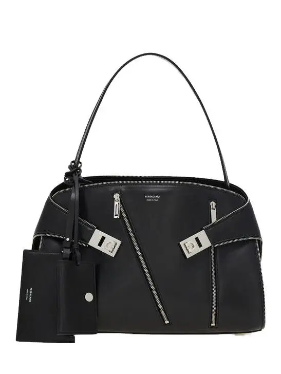 FERRAGAMO Hug Soft Shoulder Bag With Zips - Black