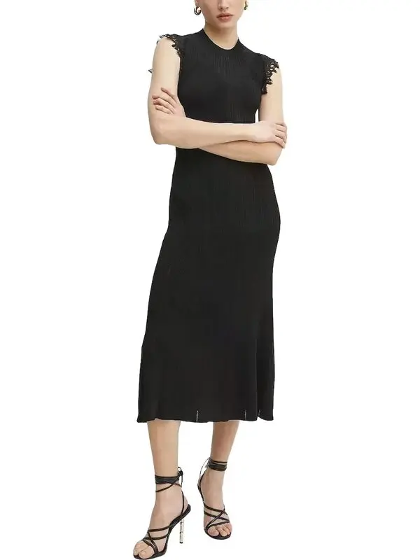 ERMANNO FIRENZE Lace-trimmed Ribbed-knit Midi Dress - Black
