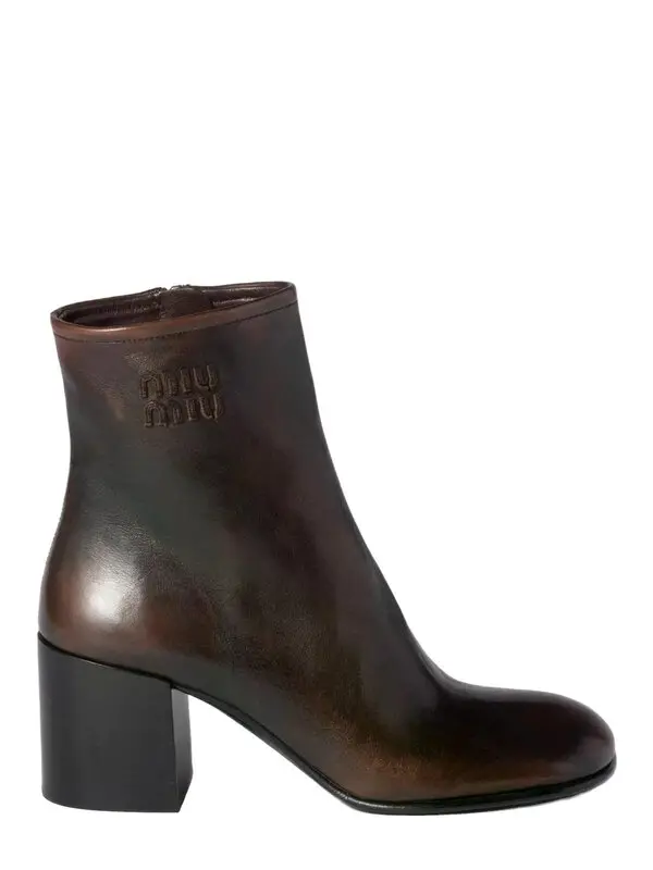 Miu Miu Leather Block Heel Boots - Brown