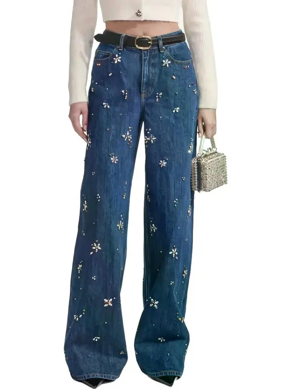SELF-PORTRAIT Crystal-embellished Wide-leg Jeans - Blue