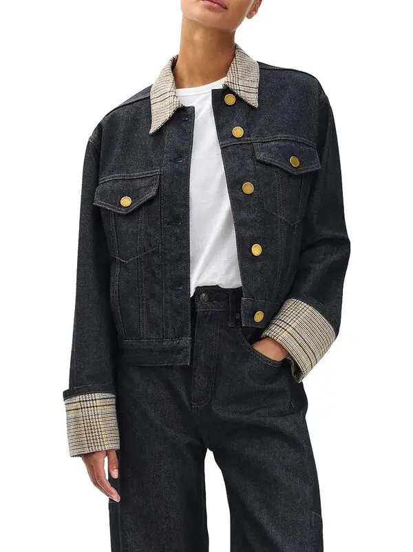 Rag & Bone Harriet Contrast Print Denim Trucker Jacket - Dark Blue