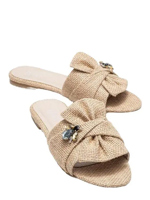 PROLOGUE SHOES Raffia Bow Slide Sandal - Beige Faux Leather