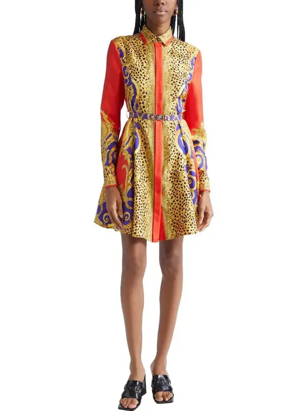 Versace Cheetah Barocco Print Belted Long Sleeve Silk Dress - Scarle Ultramarine