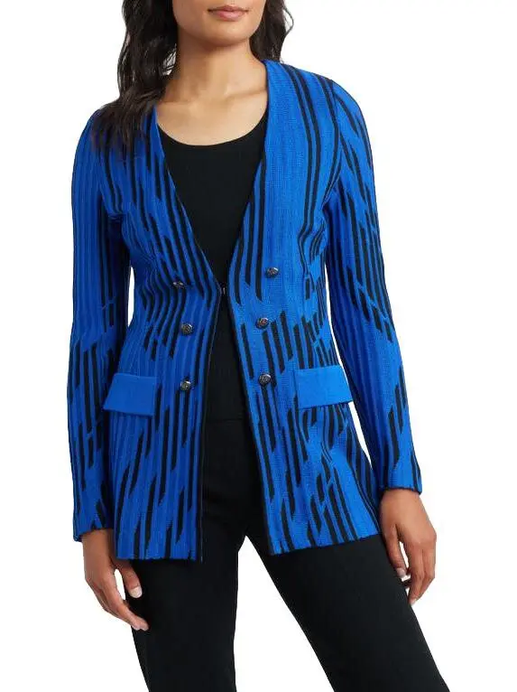 Ming Wang Rib Knit Jacquard Jacket - Sapphire Sea/black