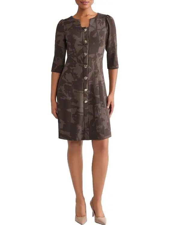 Ming Wang Floral Jacquard Knit Button-up Dress - Warm Taupe/dark Umber