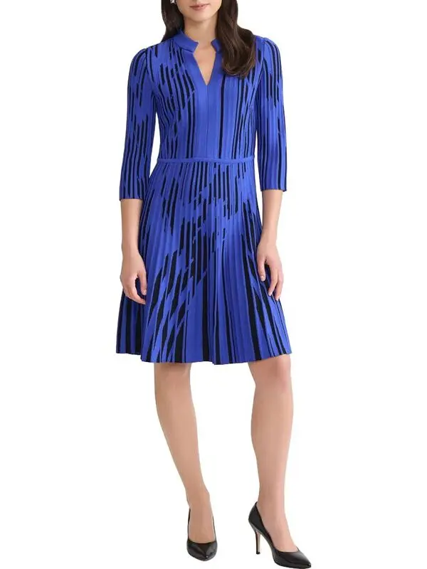 Ming Wang Rib Knit Fit & Flare Dress - Sapphire Sea/black