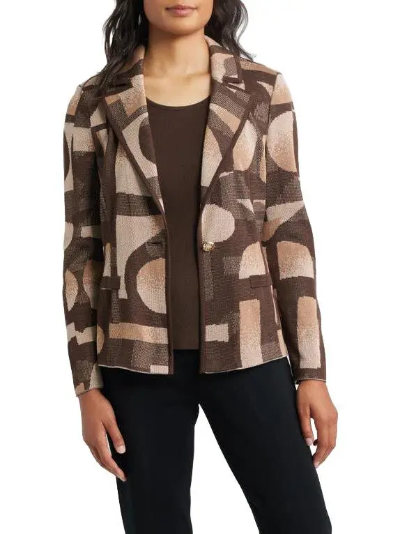 Ming Wang Geometric Jacquard Knit Blazer - Warm Taupe/dark Umber/ivory