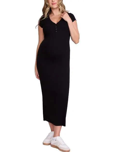Motherhood Maternity Short Sleeve Henley Bodycon Maxi Dress - Black