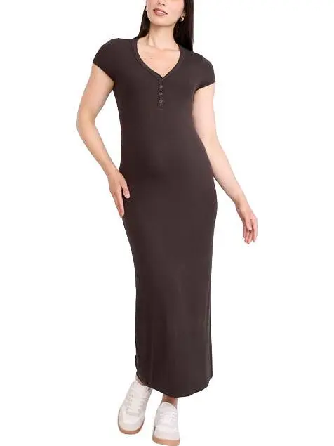 Motherhood Maternity Short Sleeve Henley Bodycon Maxi Dress - Chocolate Tort