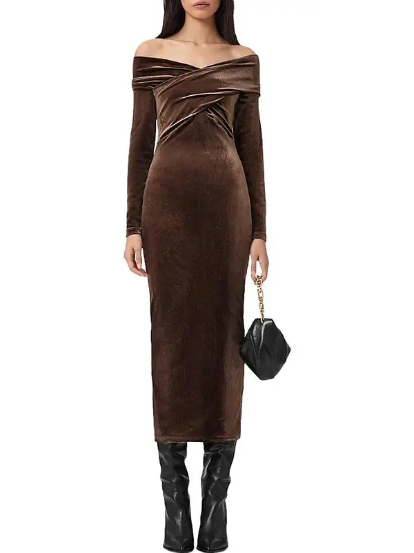 ALLSAINTS Delta Velvet Midi Dress - Bitter Brown