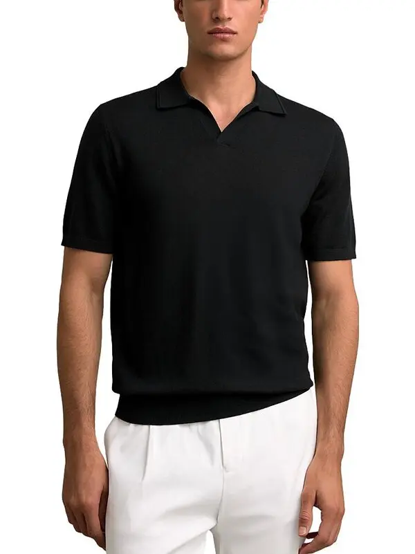 REISS Duchie Merino Wool Open Collar Polo Shirt - Black