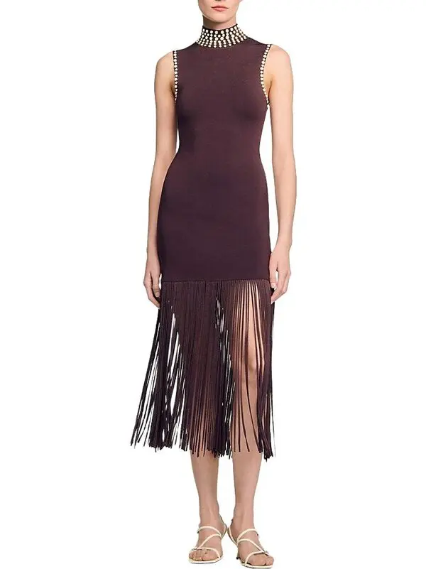 Sandro Fringe Knit Embellished Dress - Brown