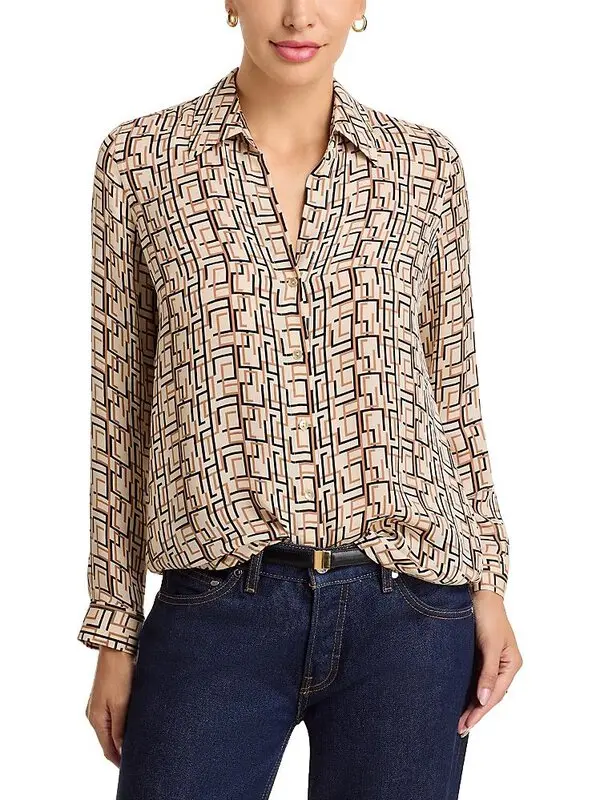 L'Agence Nina Silk Printed Blouse - Ecru Multi Geo Print