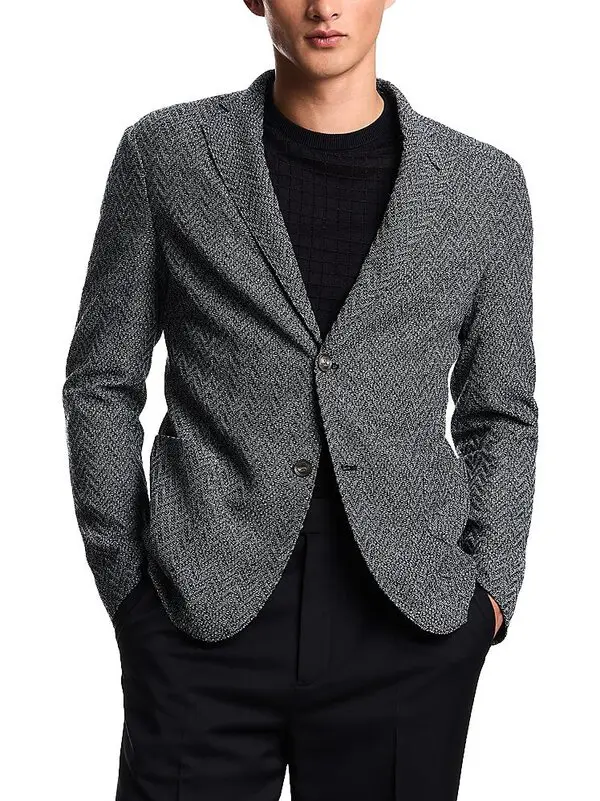 Emporio Armani Chevron Knit Effect Regular Fit Blazer - Striped Blue