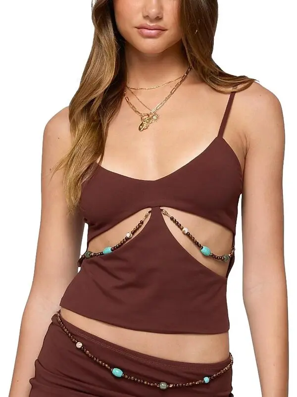 EDIKTED Neri Bead Cut Out Tank Top - Brown