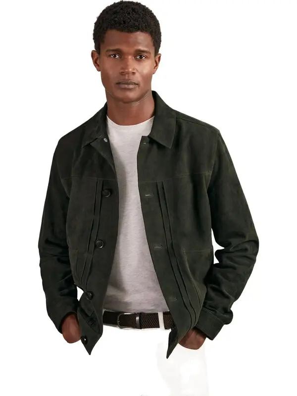 REISS Devonshire Suede Worker Jacket - Dark Green