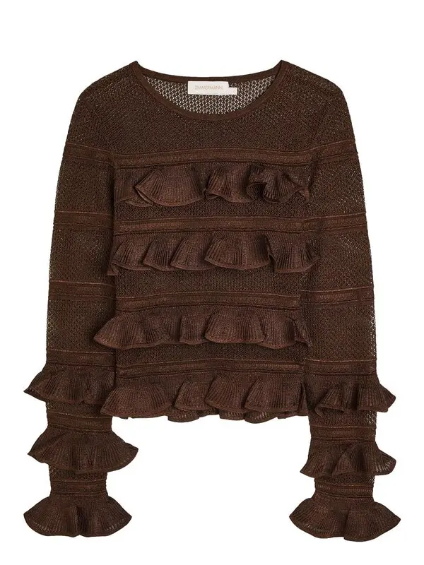 Zimmermann Hypnotic Lace Frill Metallic-knit Top - Chocolate
