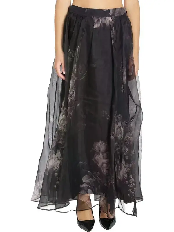 Zimmermann Floral-print Gathered Midi Skirt - Black