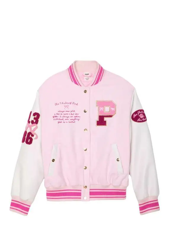 Pink X Loveshackfancy Reissued Boyfriend Varsity Jacket - Pink Tulip