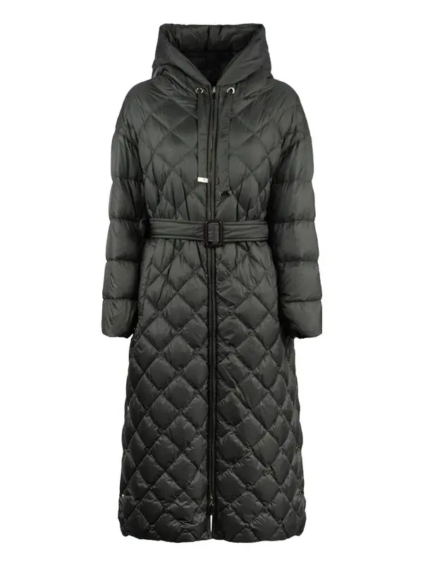 Max Mara Long Rhombus Down Jacket With Hood - Green