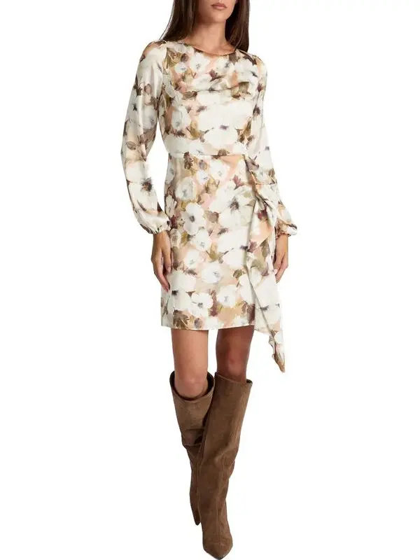 Santorelli Malia Long Sleeve Dress In Floral Georgette - Peach Whip