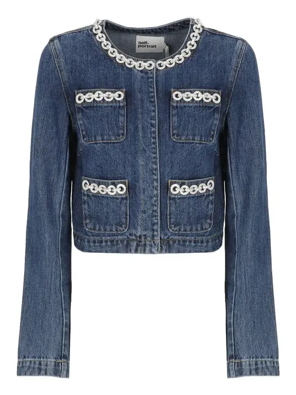 SELF-PORTRAIT Cotton Denim Jacket With Rhinestones - Blue