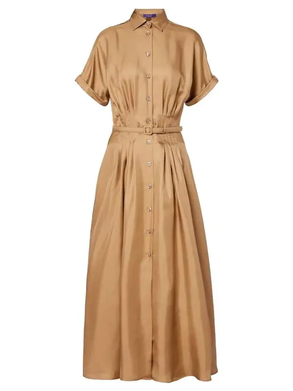 Ralph Lauren Silk Satin Midi Shirt Dress - Beige