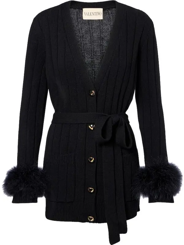 Valentino Garavani Feather-trimmed Virgin Wool Cardigan - Black