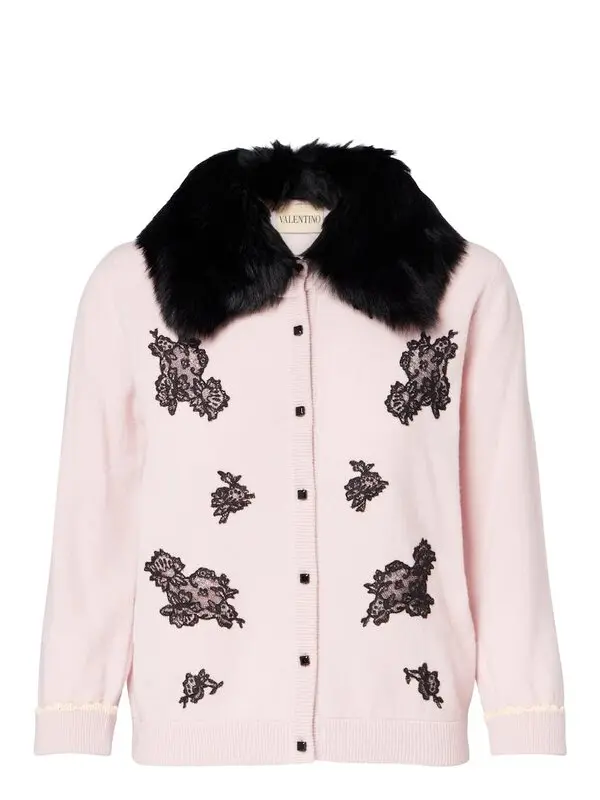 Valentino Garavani Shearling-trimmed Virgin Wool Cardigan - Pink