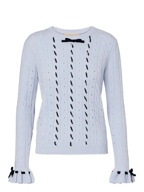 Valentino Garavani Bow-detailed Cable-knit Virgin Wool Sweater - Blue