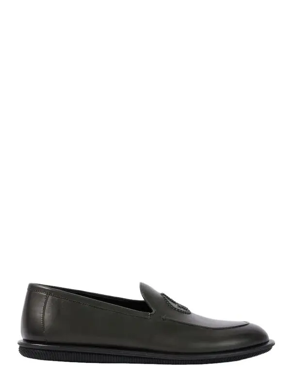 Giorgio Armani Embroidered Logo Leather Loafers - Black