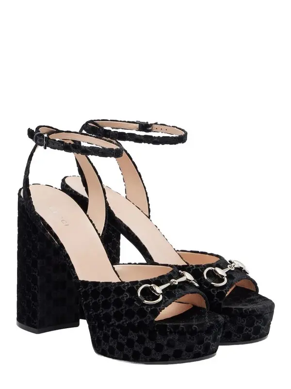 Gucci Lady Horsebit Velvet Sandals - Black