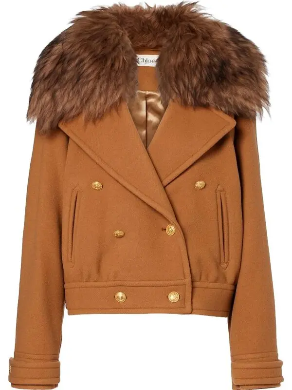 Chloé Cropped Shearling-trimmed Wool-blend Coat - Brown