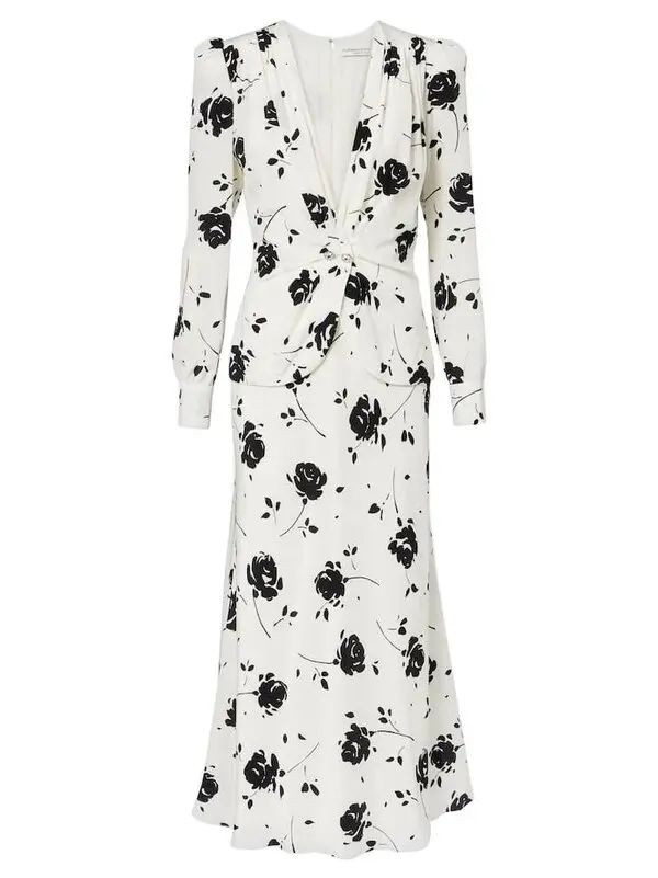 Alessandra Rich Floral Silk Midi Dress - White