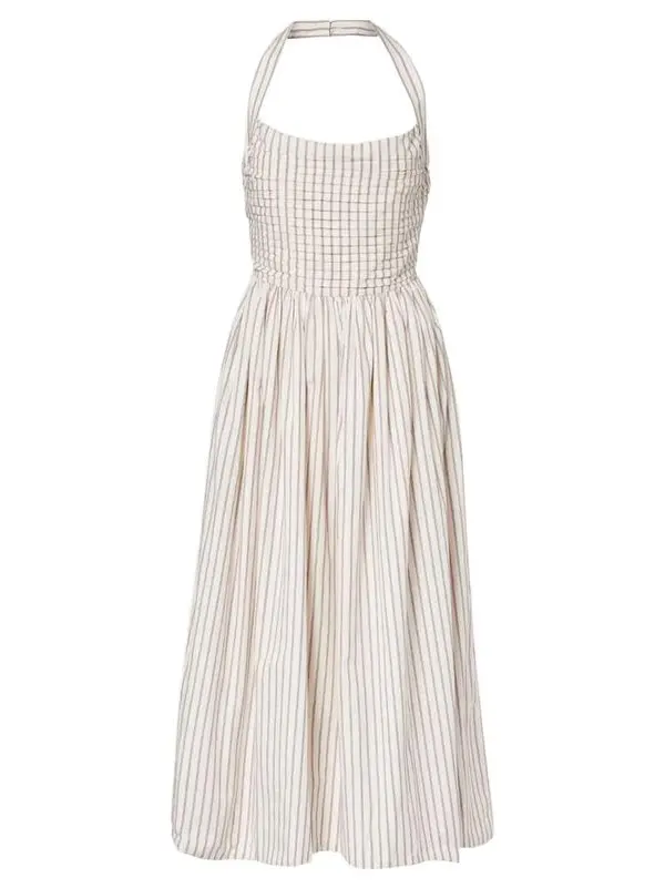 MARKARIAN Halterneck Striped Cotton Midi Dress - Beige