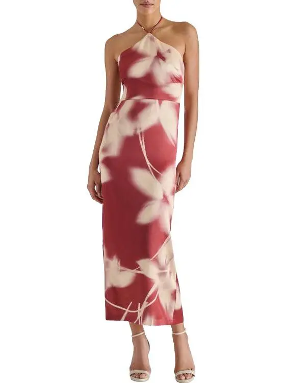 Steve Madden Floral Print Halter Satin Dress - Rust Multi
