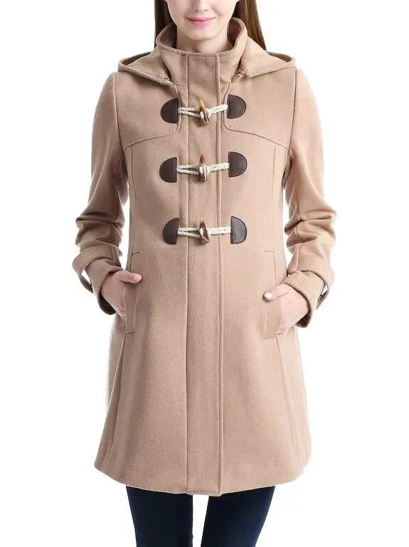 KIMI + KAI Duffle Wool Maternity Coat With Toggle Details And Removable Hood - Camel