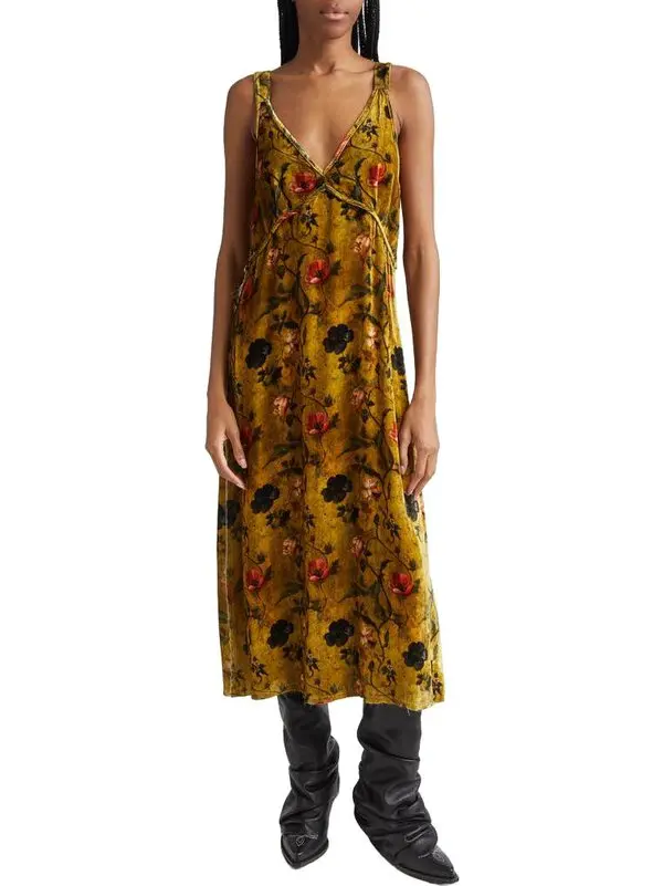 R13 Floral Velvet Midi Dress - Ochre Floral