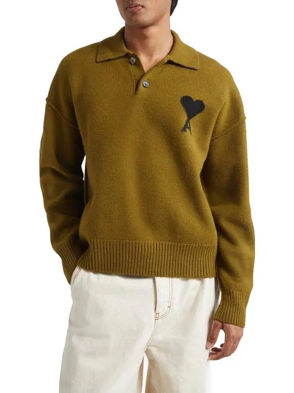 Ami De Coeur Monogram Felted Wool Polo Sweater - Bronze/noir
