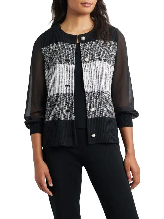 Ming Wang Mixed Media Colorblock Cardigan - Black/white