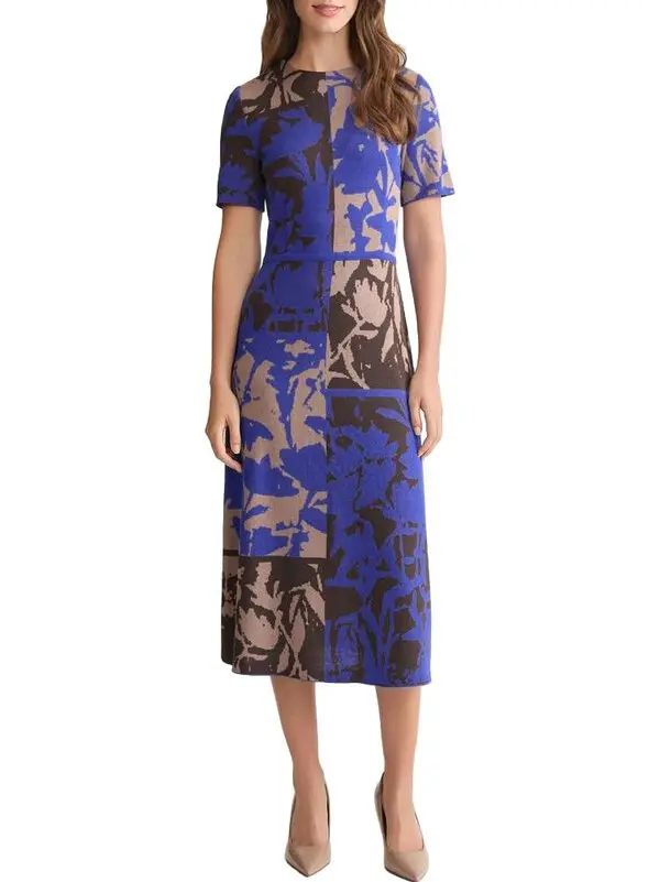 Ming Wang Floral Colorblock Knit Midi Dress - Sapphire Sea/taupe/drk Umbr