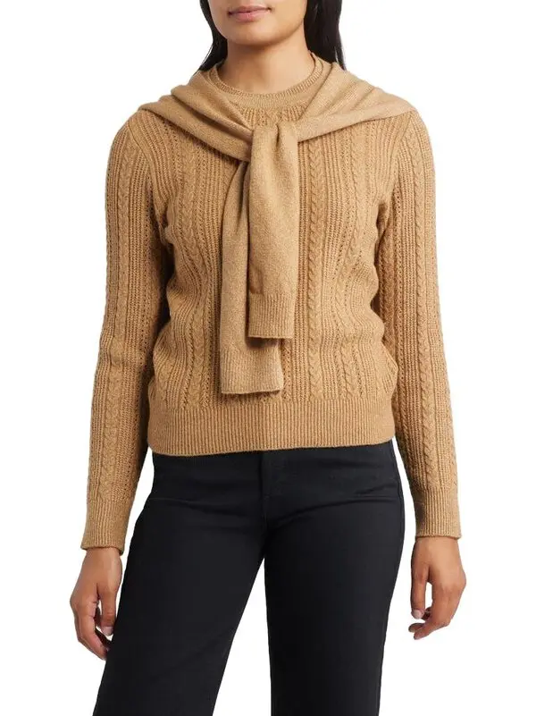 Wit & Wisdom Cable Stitch Tie Sleeve Sweater - Caramel Latte