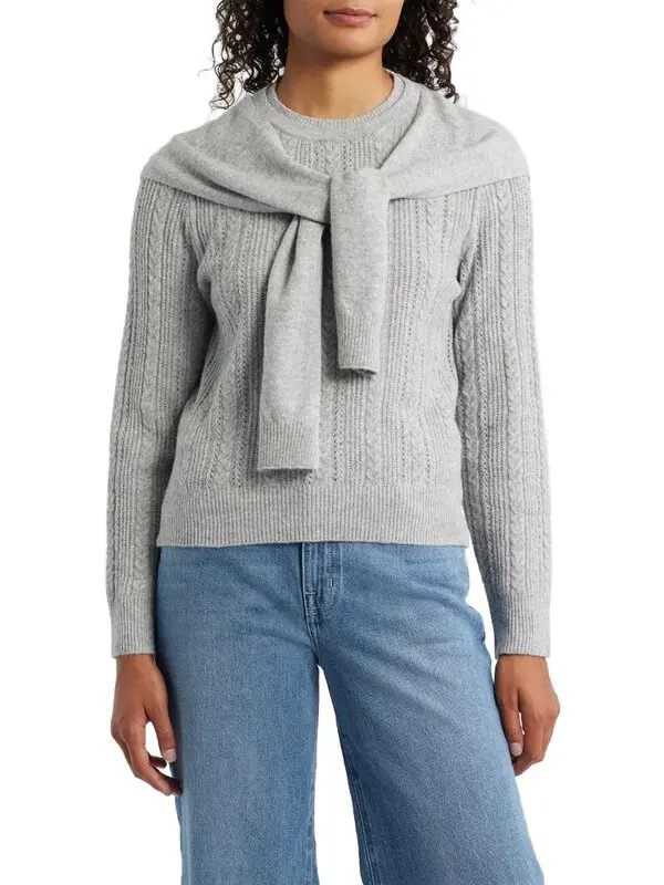 Wit & Wisdom Cable Stitch Tie Sleeve Sweater - Heather Grey