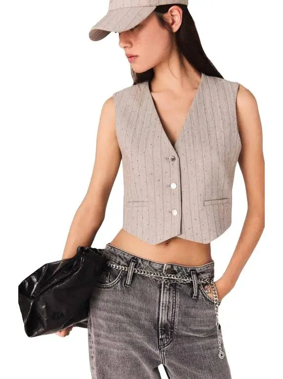 Maje Rhinestone Tailored Vest - Light Grey