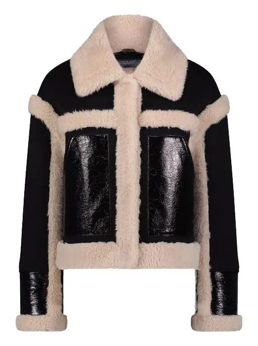 LYLA GRANT Jacket With Faux Fur Shearling Trim - Black/beige