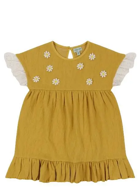 LILLY + SID Organic Cotton Floral Applique Dress - Yellow