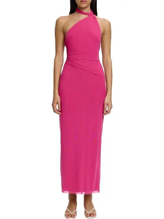 Significant Other Avni Asymmetric Halter Neck Mesh Gown - Berry