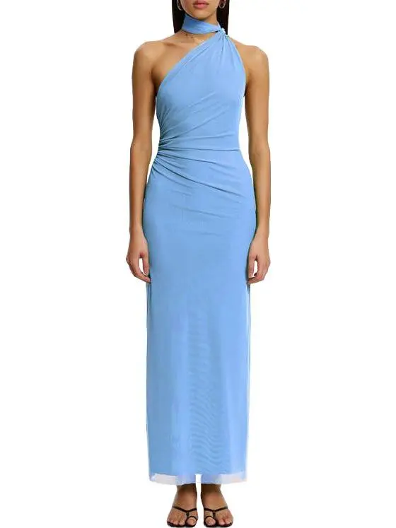 Significant Other Avni Asymmetric Halter Neck Mesh Gown - Cornflower