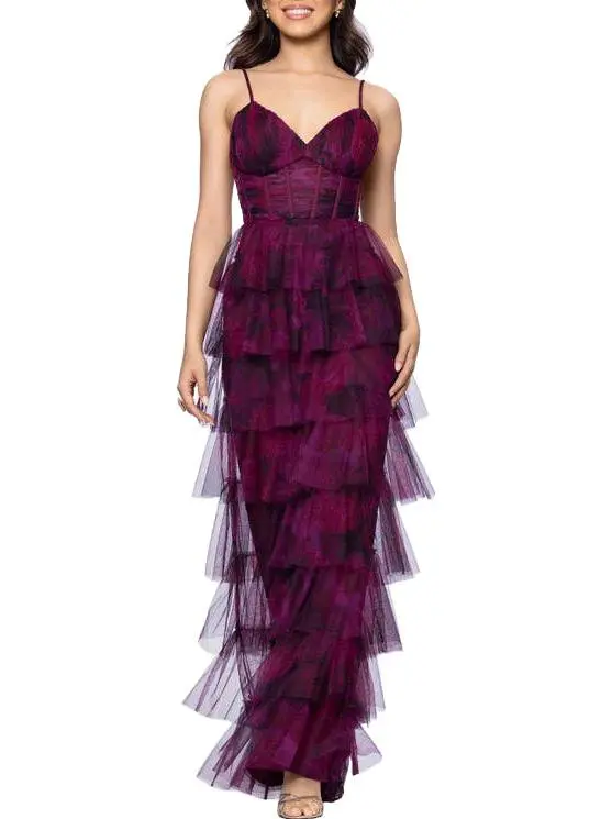 BLONDIE NITES Tiered Ruffle Column Dress - Wine Multi