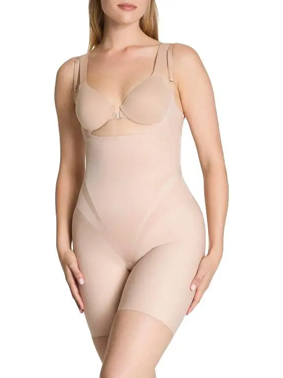 Spanx Open Bust Mid-thigh Shaper Bodysuit - Champagne Beige